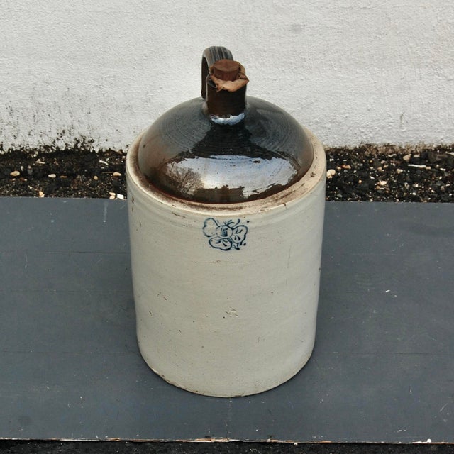 Antique Stoneware Whiskey Jug in Tan and Brown | Chairish