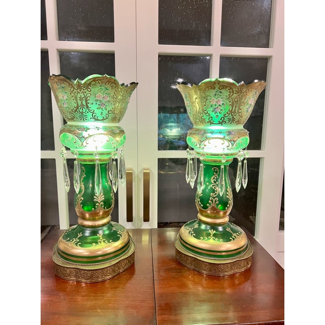 Czech Bohemian Green Glass Lustre Electric Lamp Pair, Circa 1930's ...