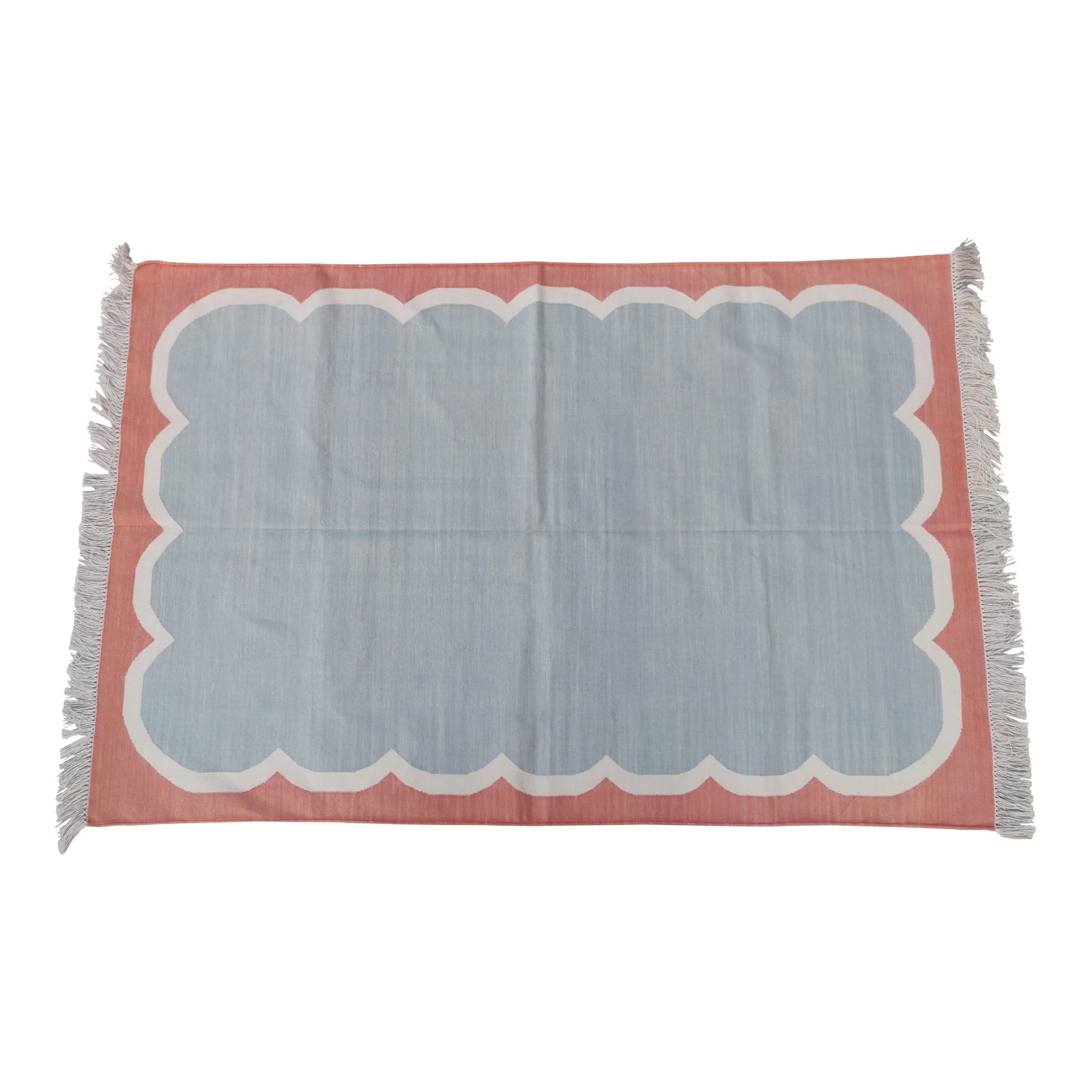 Handmade Cotton Pale Aqua, Cream and Red Washed Border Scalloped Rug ...