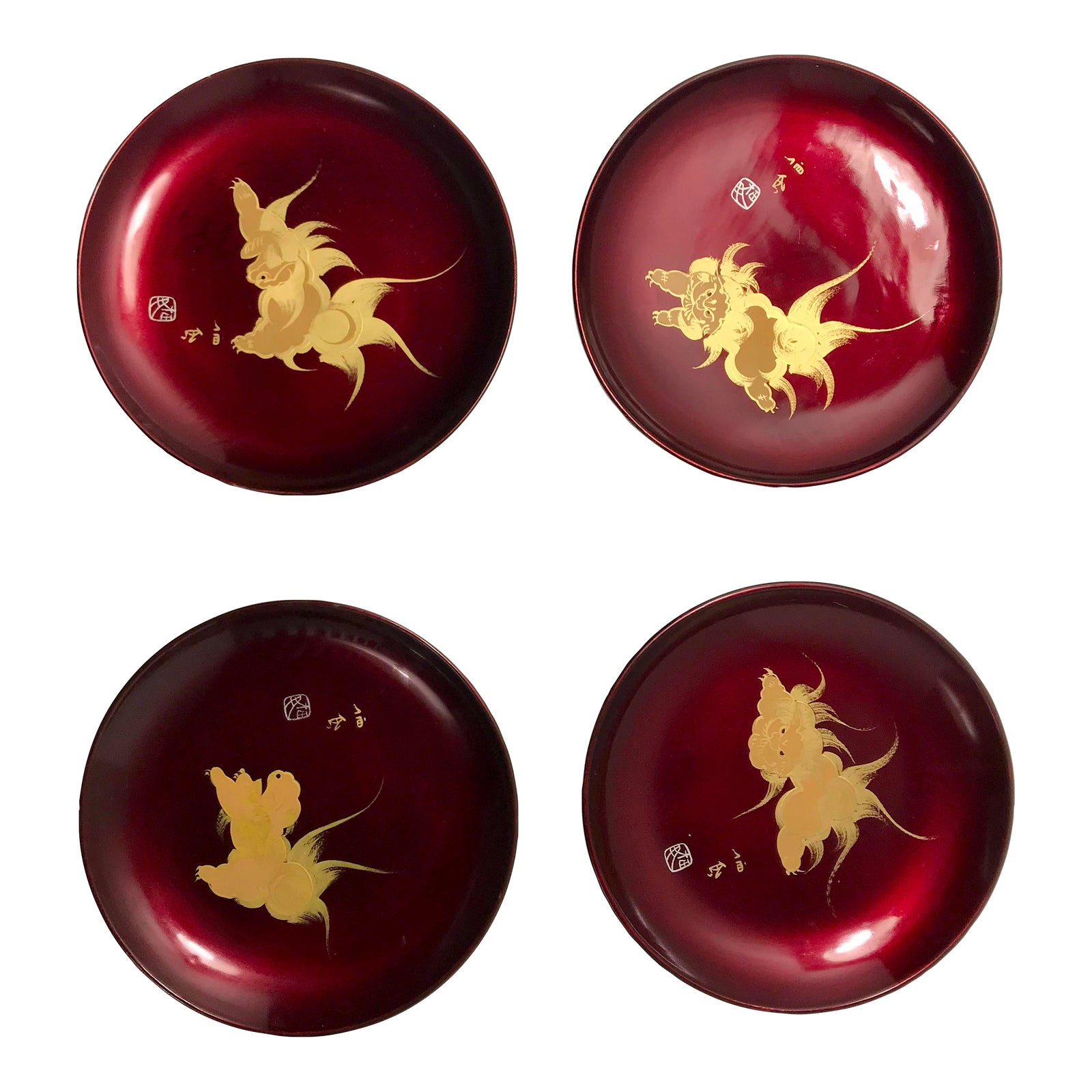 Vintage Set of 4 1970s Japanese Lacquer Plates Red Hand Painted | Chairish