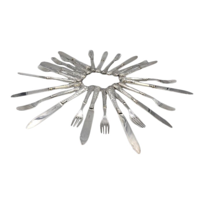 1928 English Sterling Silver Fish Set - 24 Pieces | Chairish