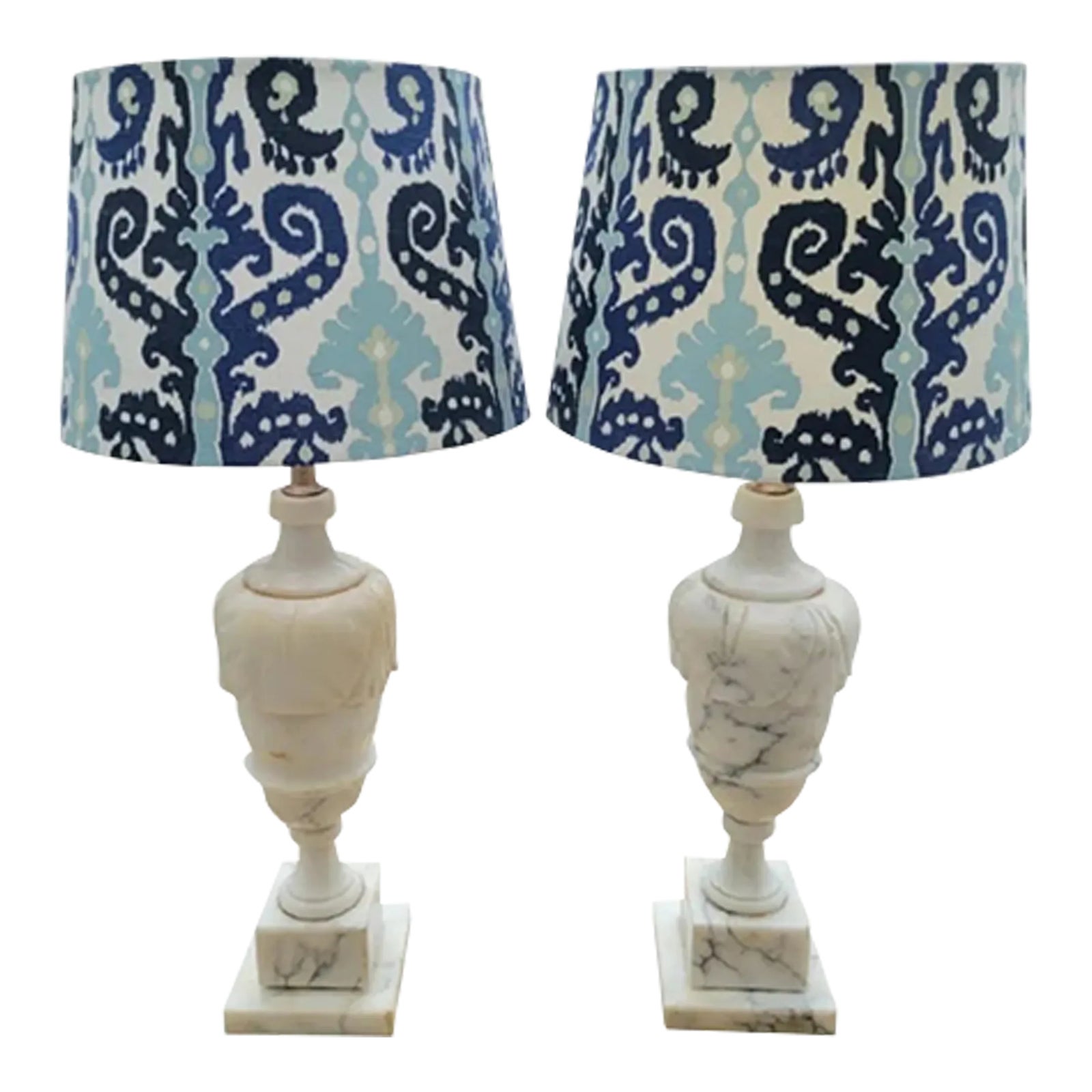 Vintage White Grey Marble Small Table Lamps With Ikat Fabric Blue Navy ...