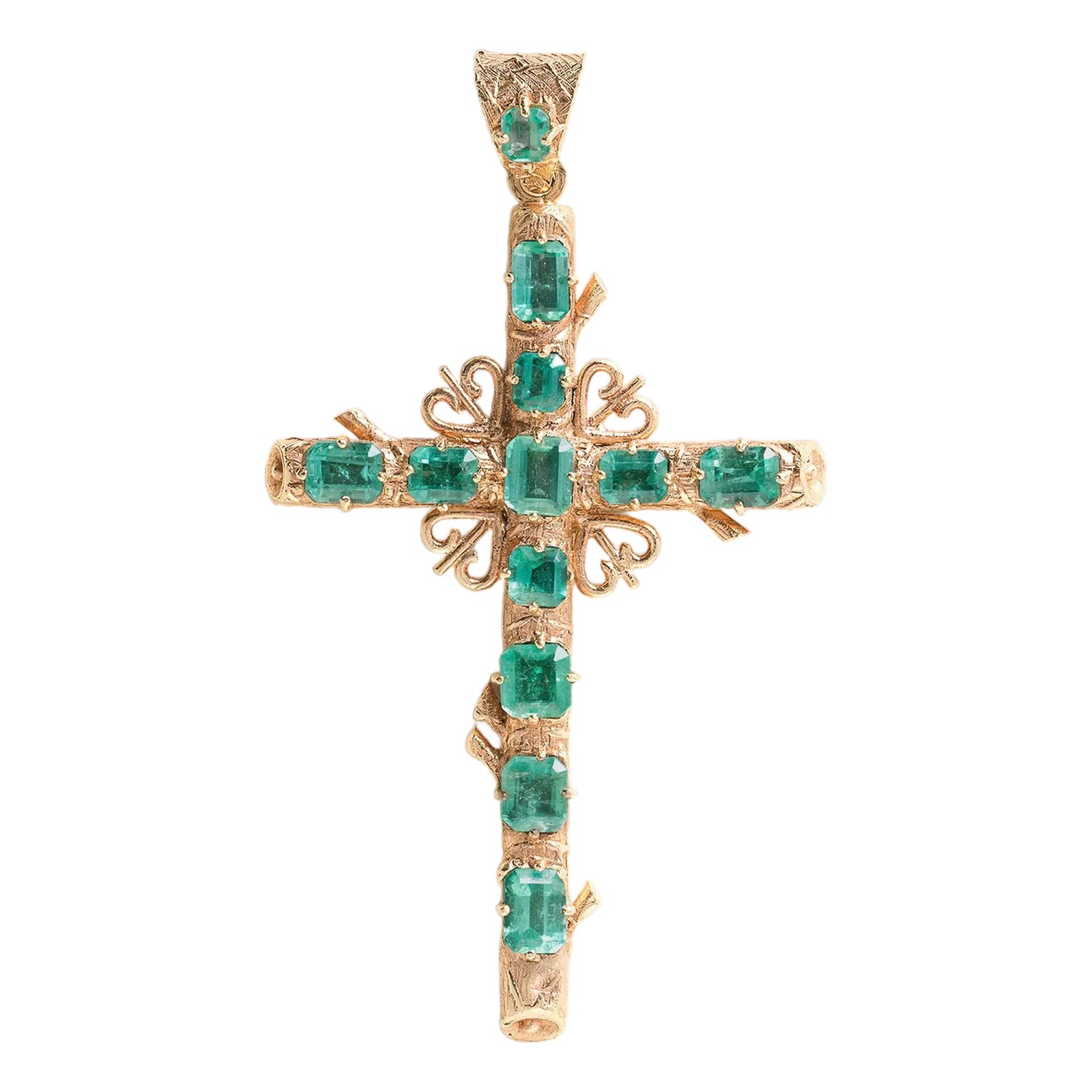 Vintage 18k Yellow Gold Colombian Emerald Cross Pendant | Chairish