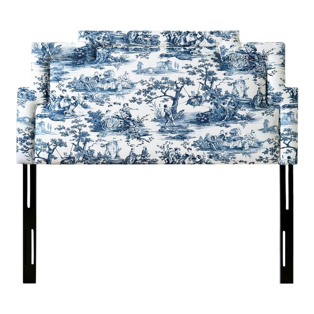 Gigi Blue Toile Upholstered Queen Headboard | Chairish