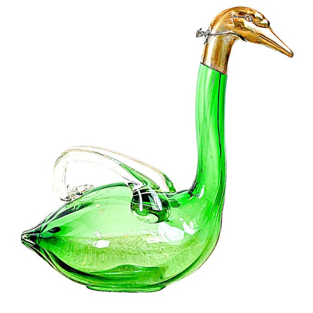 1920's Art Deco Austrian Brass & Emerald Green Crystal Swan Decanter ...