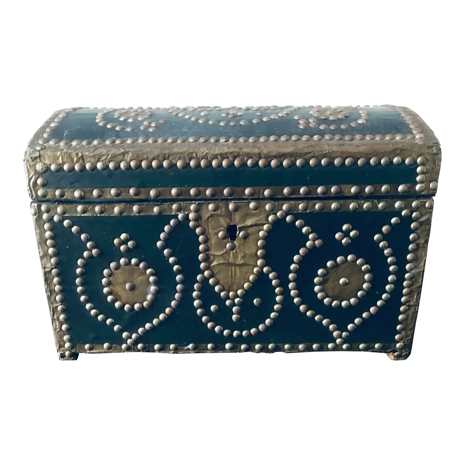 Antique Leather Wrapped Dome Top Studded Lined Box | Chairish