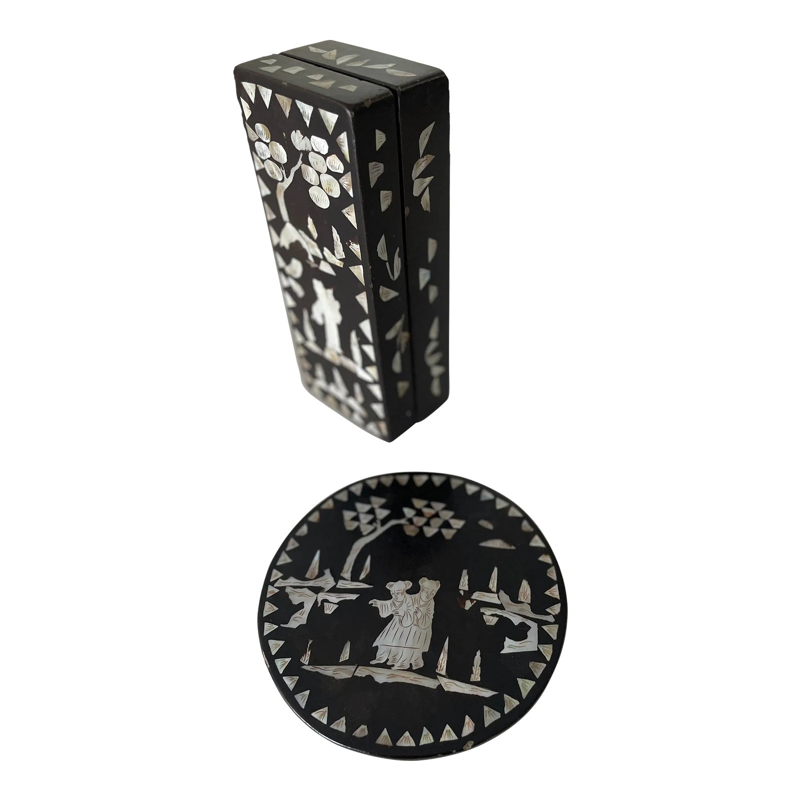 Antique Chinese Lacquer With Mother of Pearl Inlaid Box and Trivet Set ...