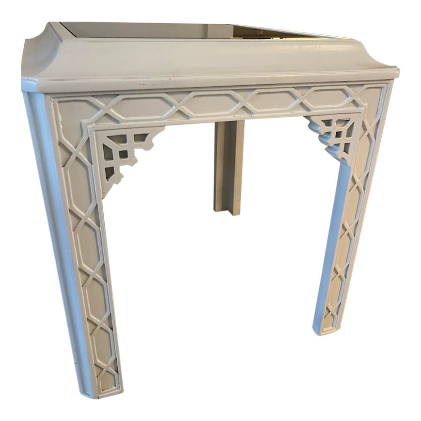 Vintage Hollywood Regency Mirrored Fretwork Side Table | Chairish