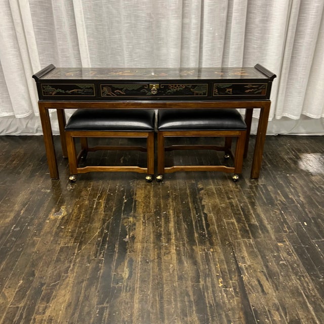 1970s Black Lacquer Chinoiserie Console Table with Stools - Set of 3 ...