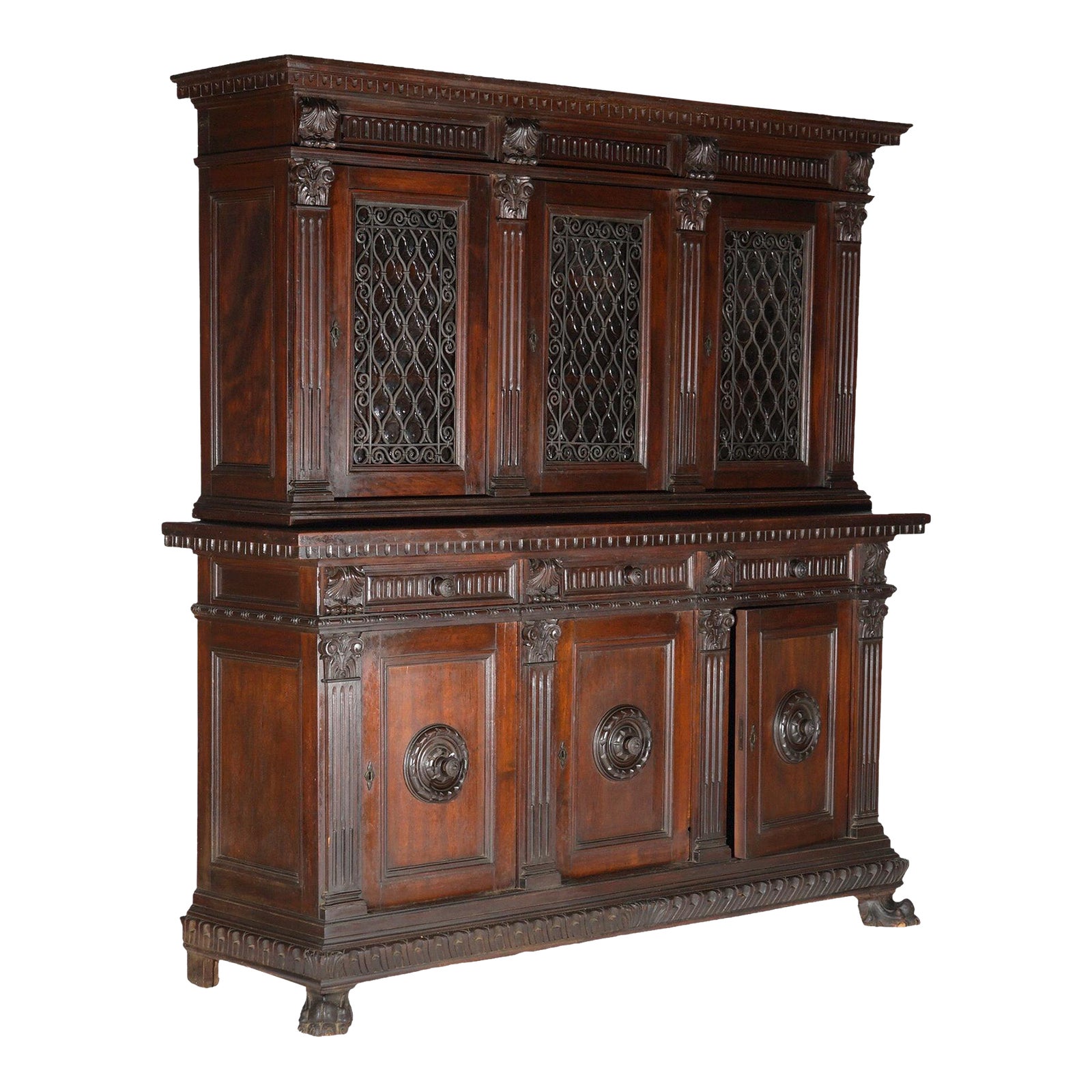 Large Antique Baroque Carved Walnut, Wrought Iron & Glass Hunt Board ...