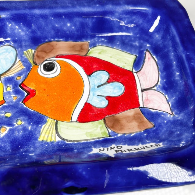 1990s Hand Painted Art Plate Blue Fish Nino Parrucca Ceramiche Palermo ...