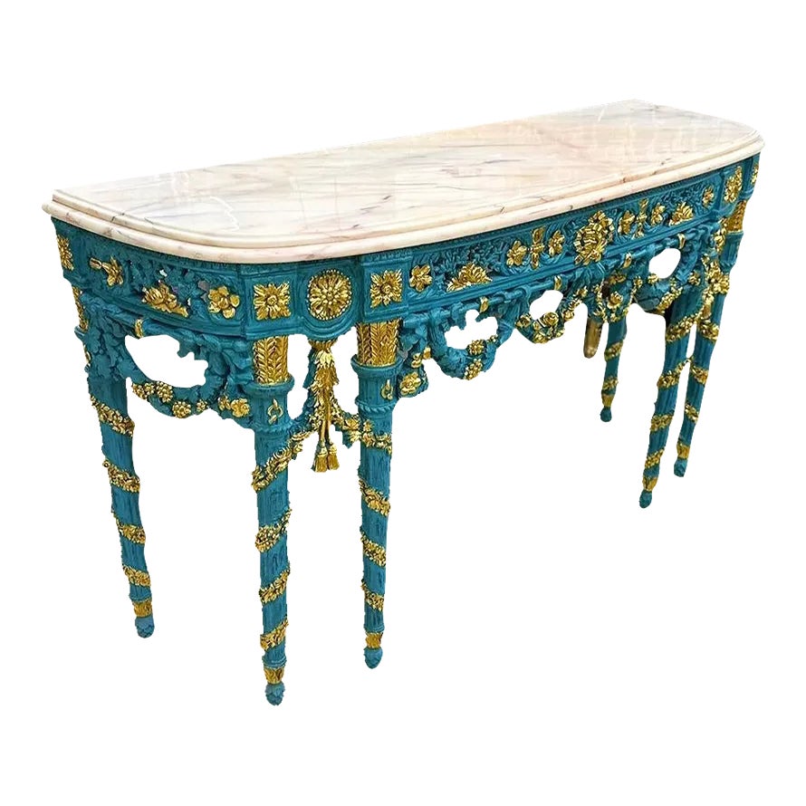 1980s French Style Blue Console Marble Topped | Chairish