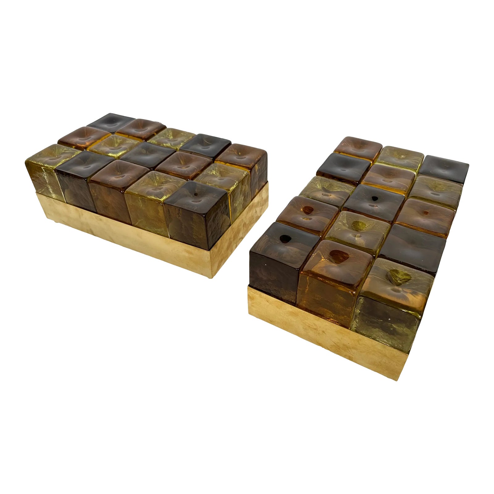 Contemporary Pair of Brass and Murano Glass Cube Marquetry Lamps, Italy ...