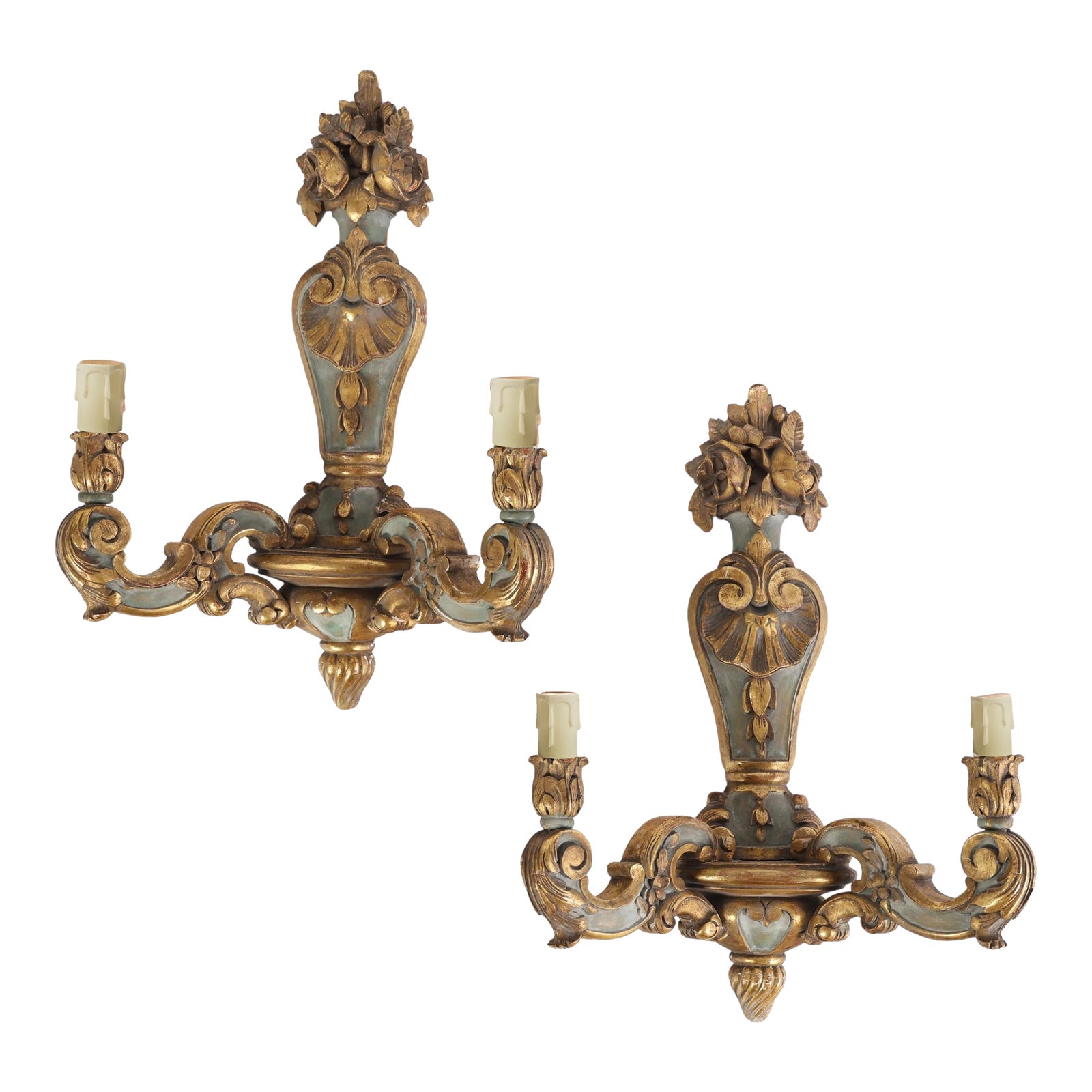 Pair of Antique Italian Baroque Style Polychrome and Giltwood Two-Light ...