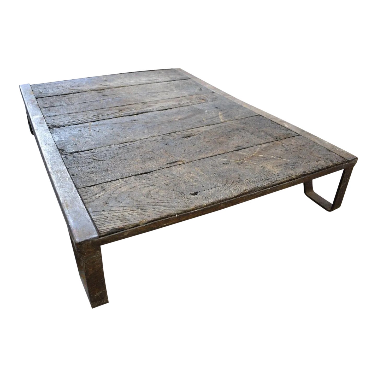 Antique Industrial Iron and Oak Wood Slat Train Skid Decor Table | Chairish