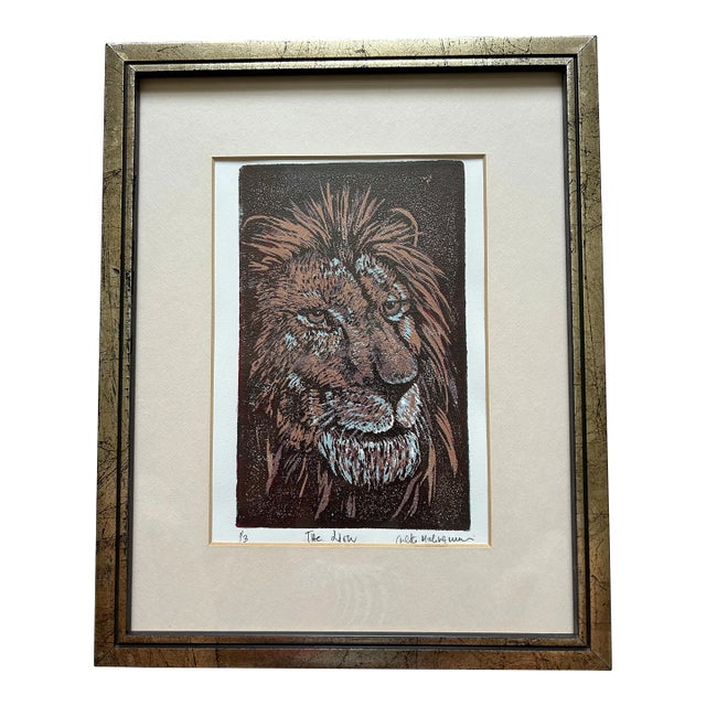Vintage Hand Colored Lithograph Portrait of a Lion | Chairish