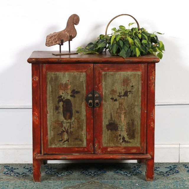 Antique Chinese Painted Elm Hall Cabinet | Chairish