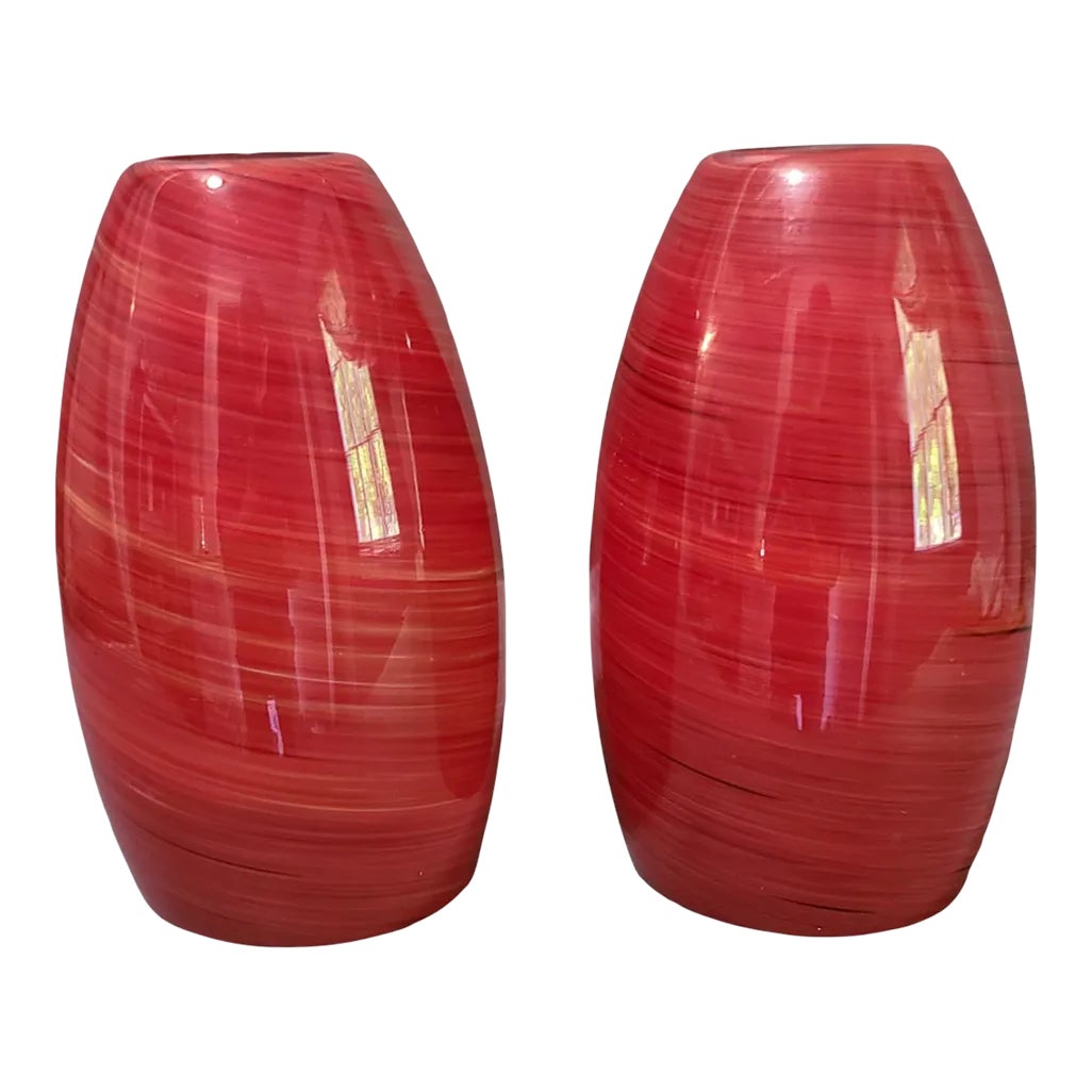 A Pair of Vintage Art Cashed Glass Attributed Murano Red Pendant Shades ...