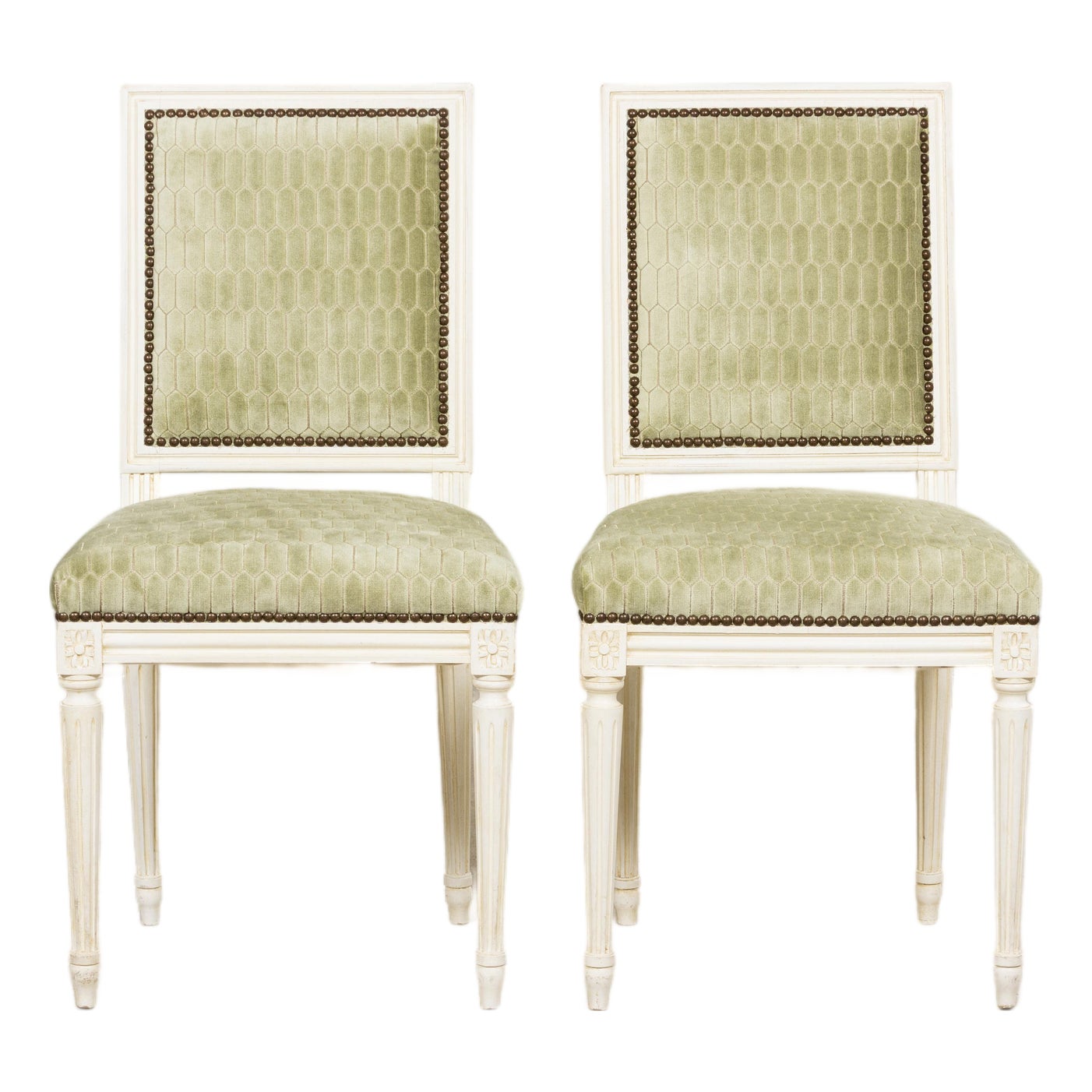 Antique French Louis XVI Style Painted Side Chairs W/ Green Geometric ...