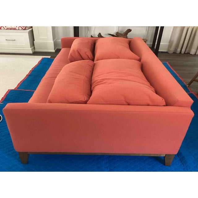 Kravet Sofa With Custom Bench Cushion on Stained Wood Legs | Chairish