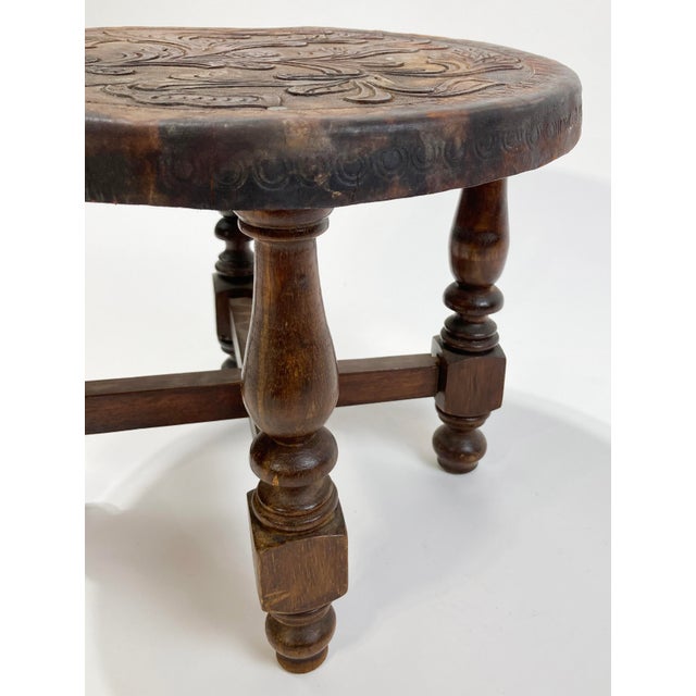 Vintage Tooled Leather Turned Wood Leg Stool | Chairish