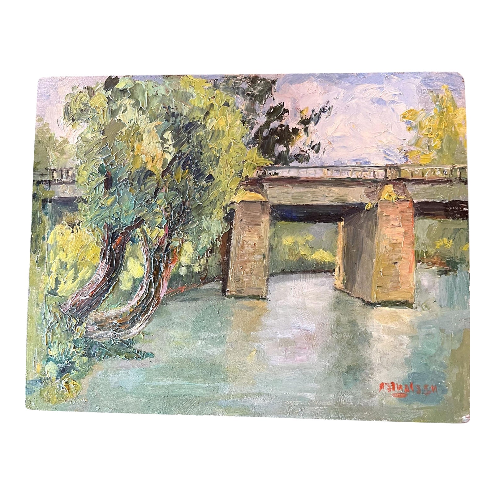 Impressionist Oil on Board, Bridge Over River | Chairish