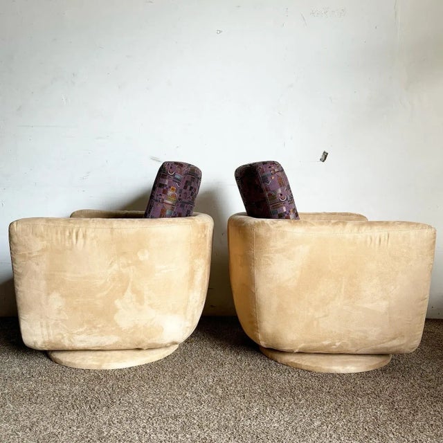 Postmodern Tan Micro Fiber and Purple Patterned Swivel Lounge Chairs ...