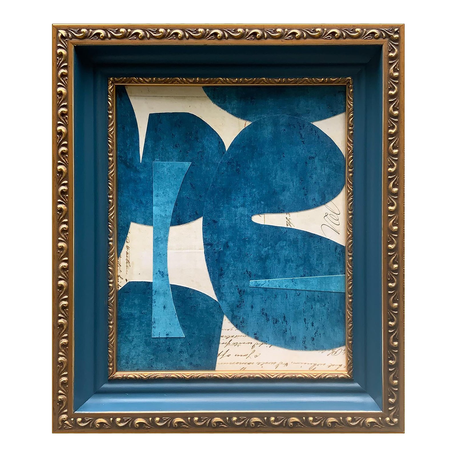 Contemporary Blue Paper Collage in Vintage Frame | Chairish