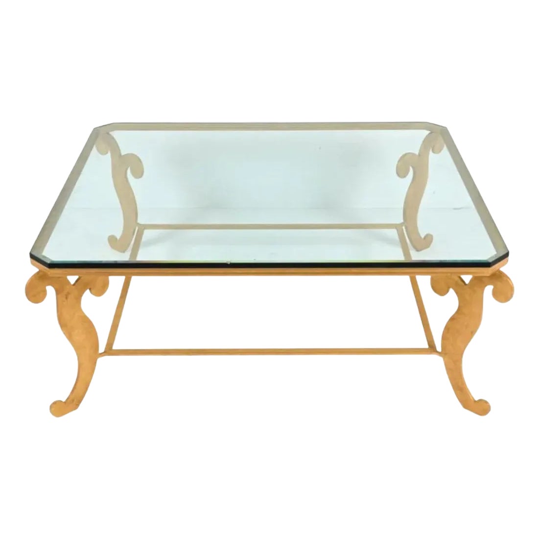 Monumental Gilt Iron Coffee Table With Scroll Detail and Beveled Glass ...