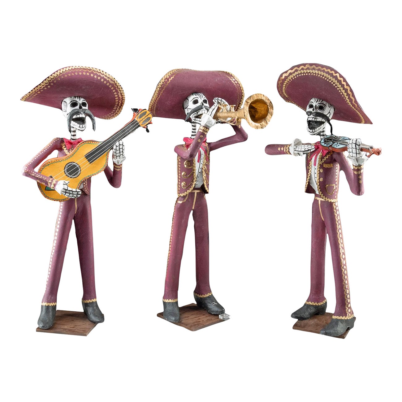 20th Century Mexican Papier-Mache Mariachi Calaca Figures - Set of 3 ...