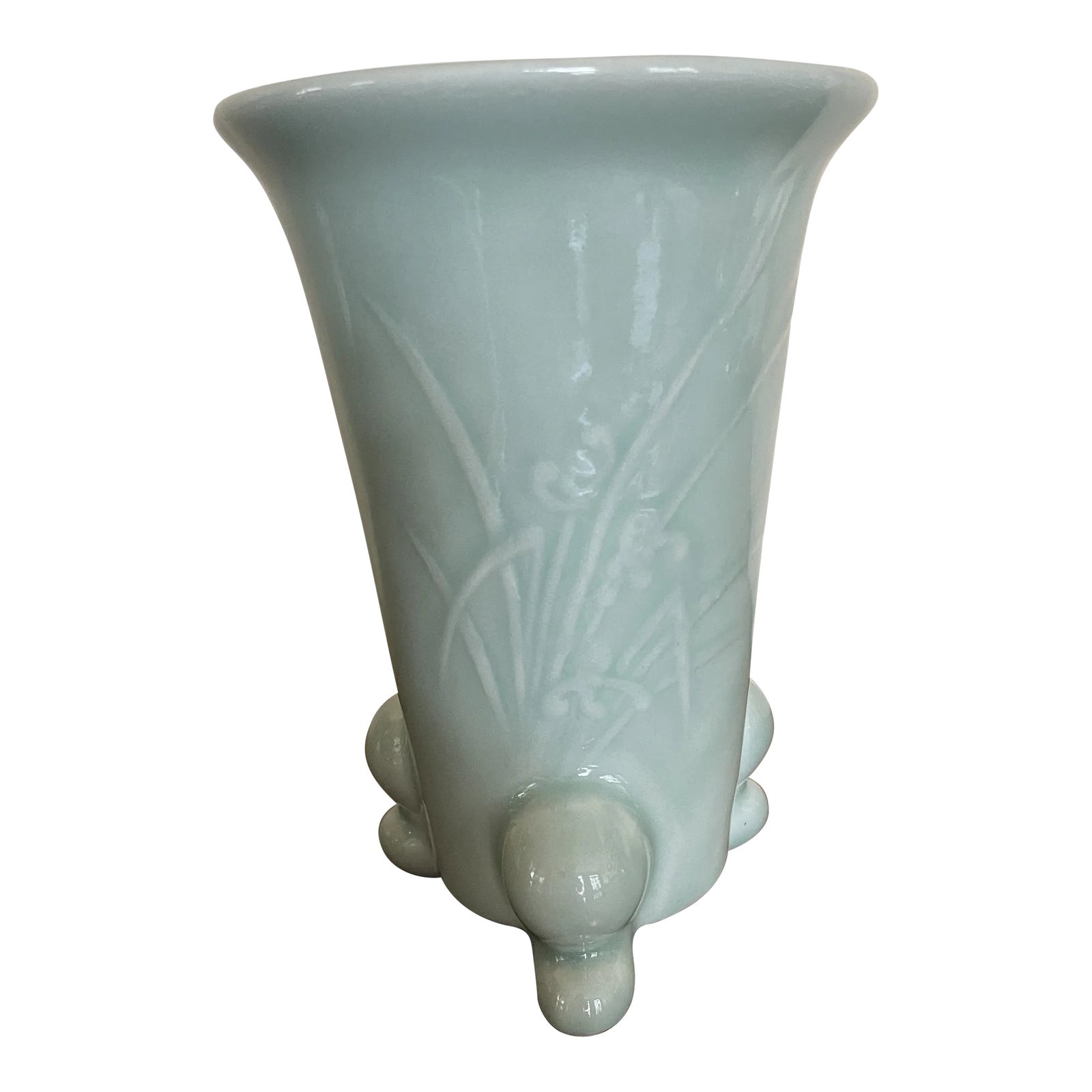 Vintage Mid 20th Century Three-Footed Celadon Vase With Iris Motif ...