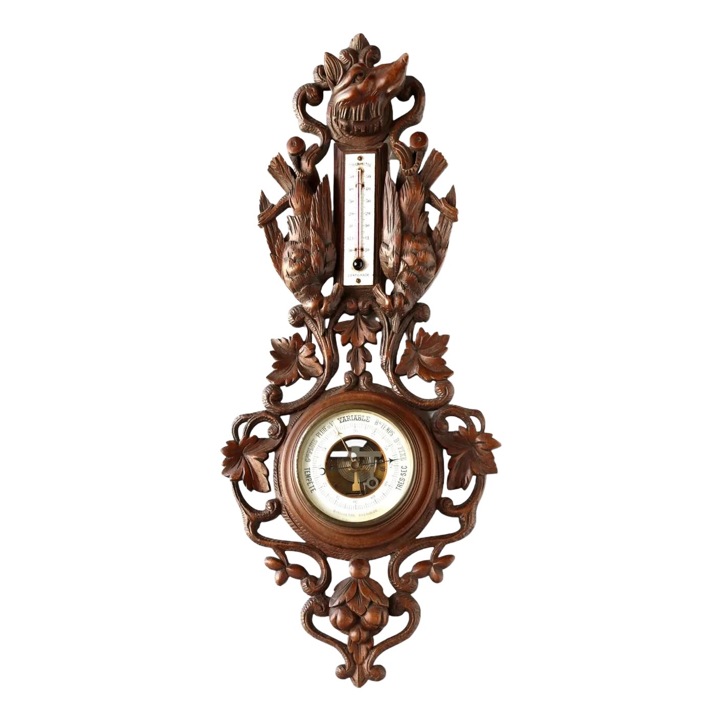 Hand Carved Black Forest Barometer W/Fox & Birds | Chairish