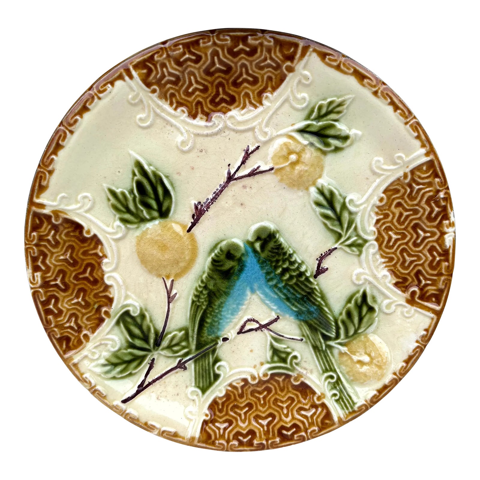 French Majolica Parakeets Plate Salins, Circa 1890 | Chairish