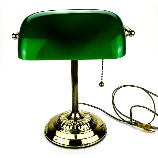 Vintage Green Glass and Brass Bankers Lamp | Chairish