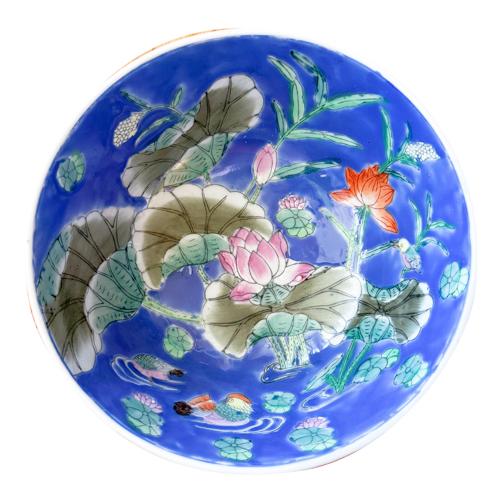 Vintage Chinoiserie Blue Bowl With Lily Pad and Mandarin Ducks | Chairish