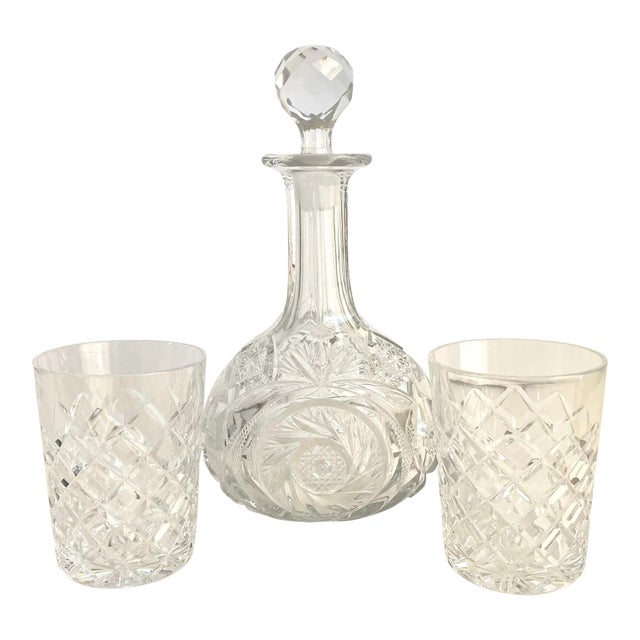 Vintage Cut Crystal Whiskey Decanter And Low Ball Rocks Glasses