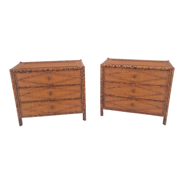 Bloomingdales Burnt Bamboo 3 Drawers Cane Rattan Small Dressers Chests A Pair Chairish