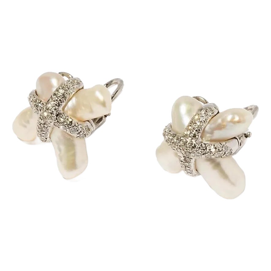 Pair of 1990s Christopher Walling Pearl and Diamond Earrings | Chairish
