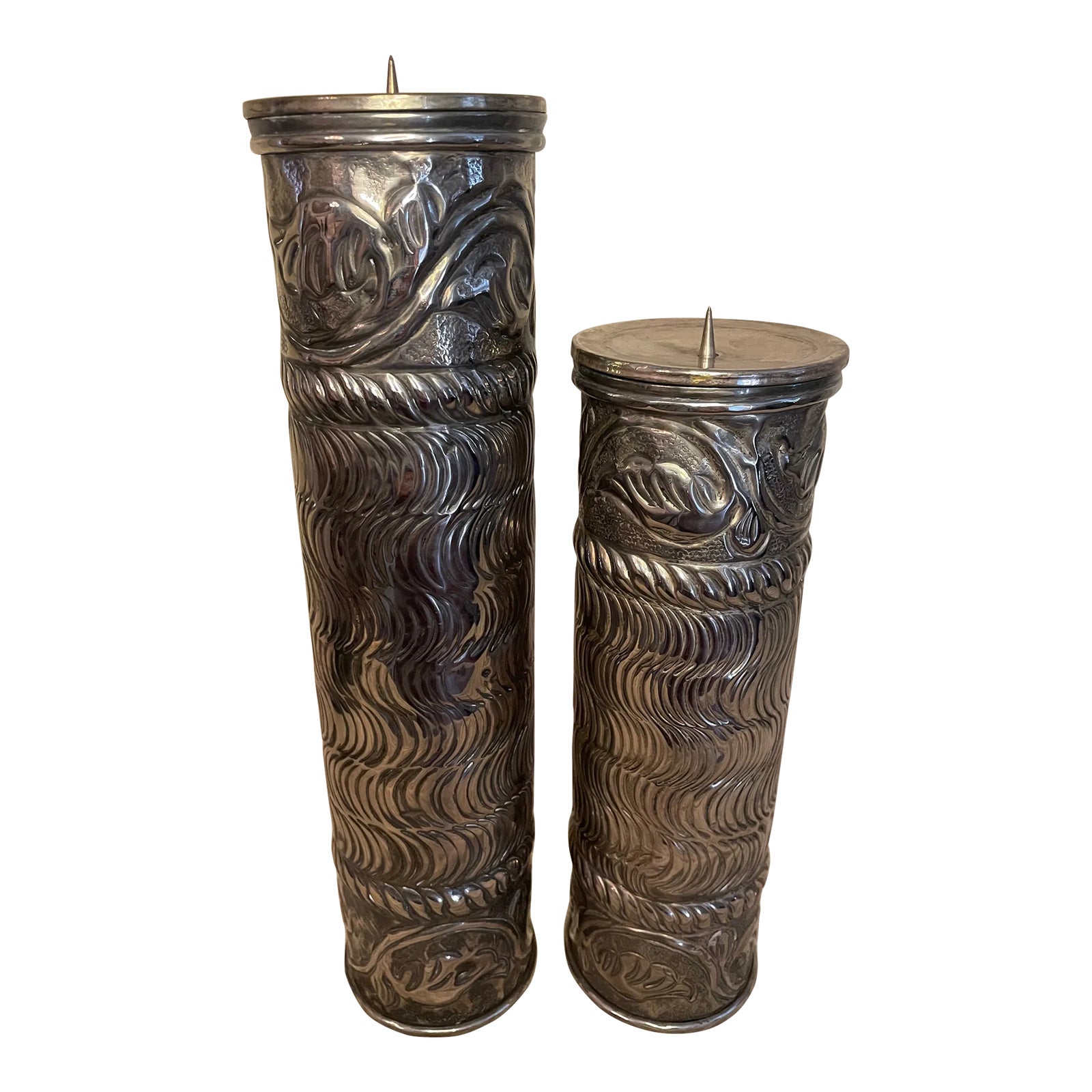 1990s Graduated Candlesticks Embossed With Waves and Vine Designs - a ...