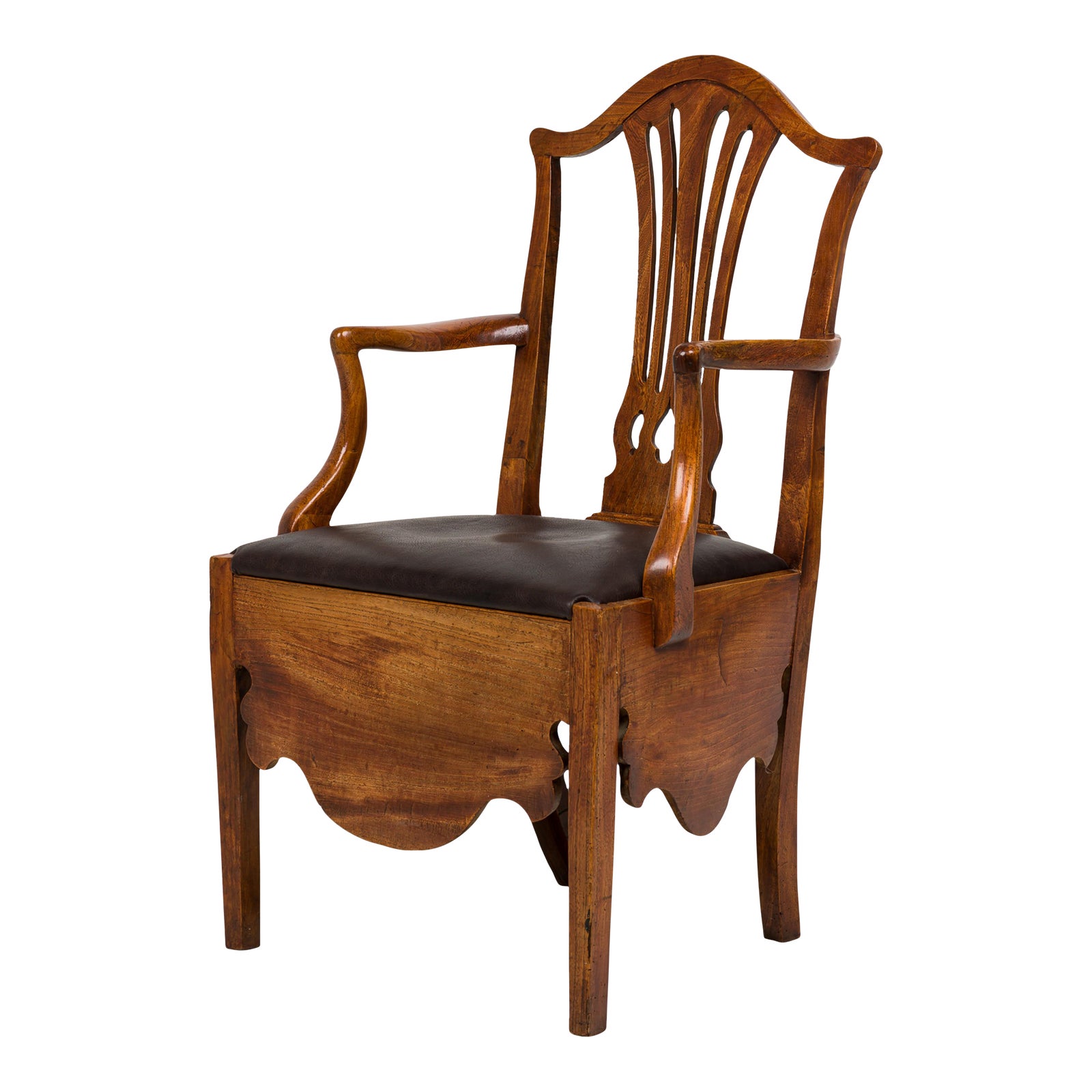 English Hepplewhite Elm Wood Leather Seat Commode Armchair | Chairish
