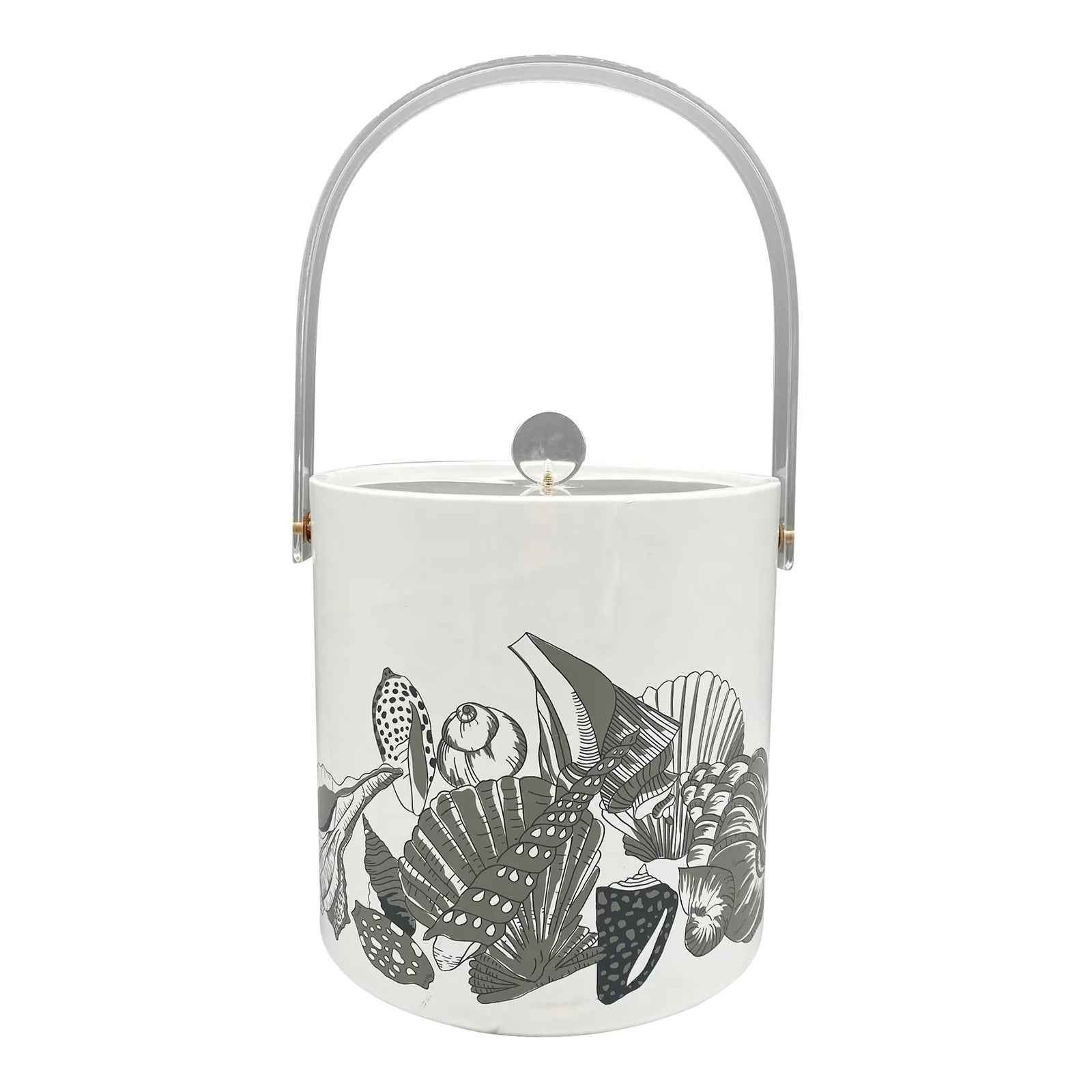 Vintage White and Gray Seashell Shell Ice Bucket With Lucite Handle and ...