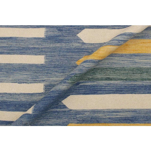 Early 21st Century Boho Chic Kilim Blue Beige Wool Rug | Chairish