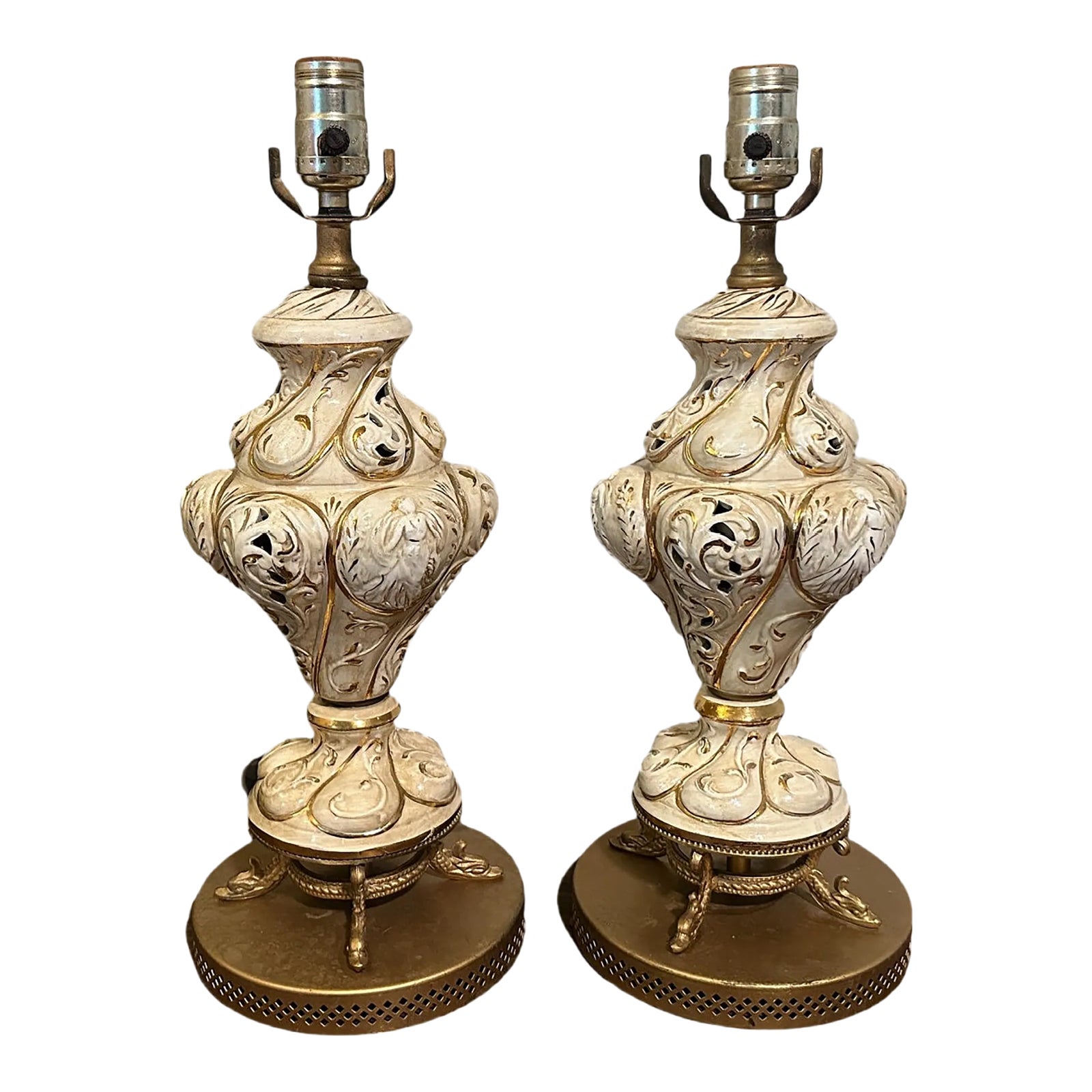 Pair of Vintage Italian Capodimonte Cream & Gold Reticulated Lamps With ...