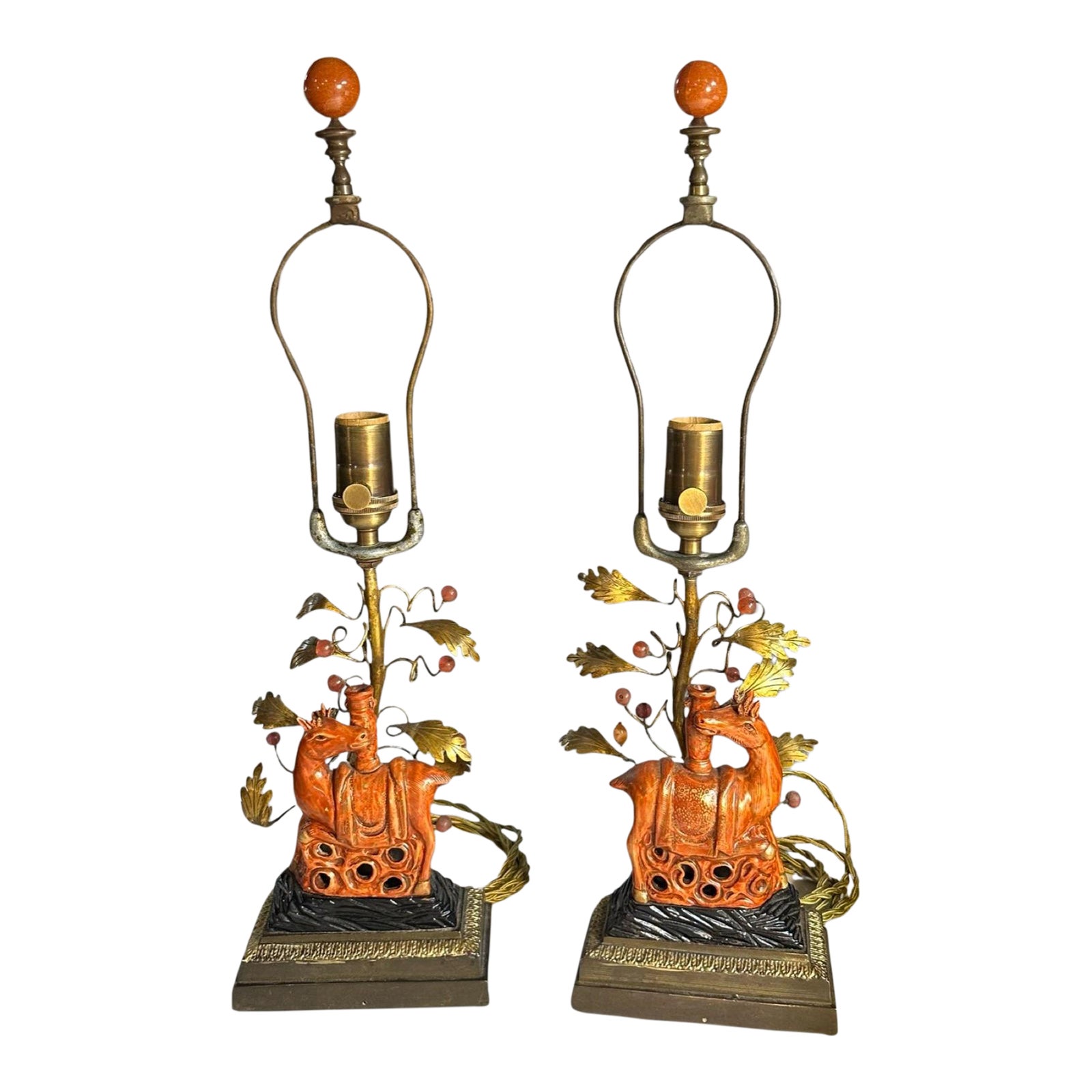 Pair of Chinese Ceramic Spotted Deer Joss Stick Holders Converted to ...