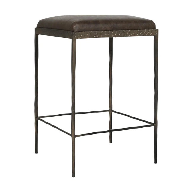 Hammered Iron Cafe Brown Leather Counter Stool | Chairish
