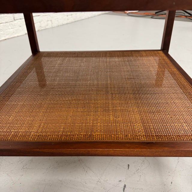 70s Walnut Side Table With Cane Shelf | Chairish