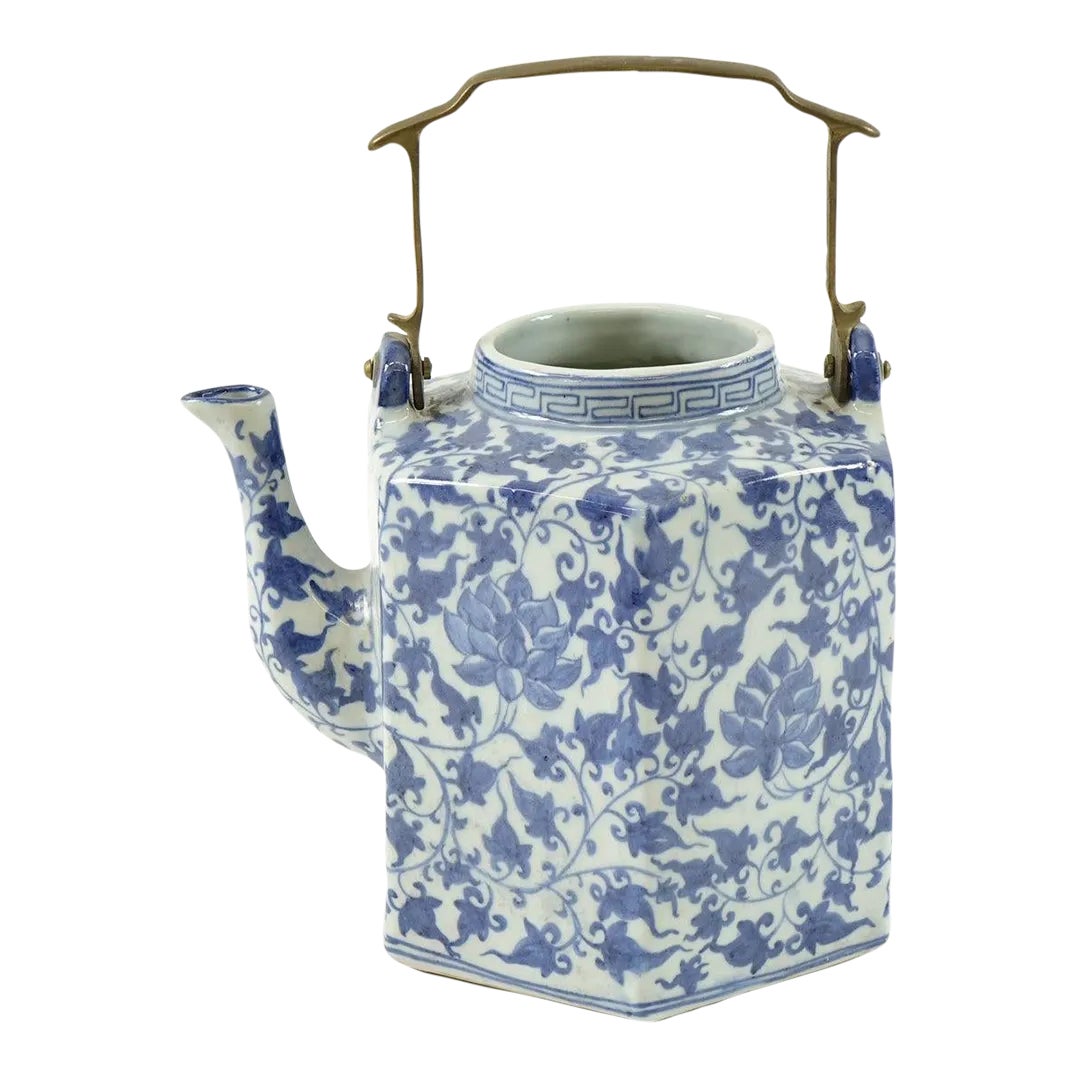 Antique Chinese Blue and White Porcelain Hexagonal Teapot | Chairish