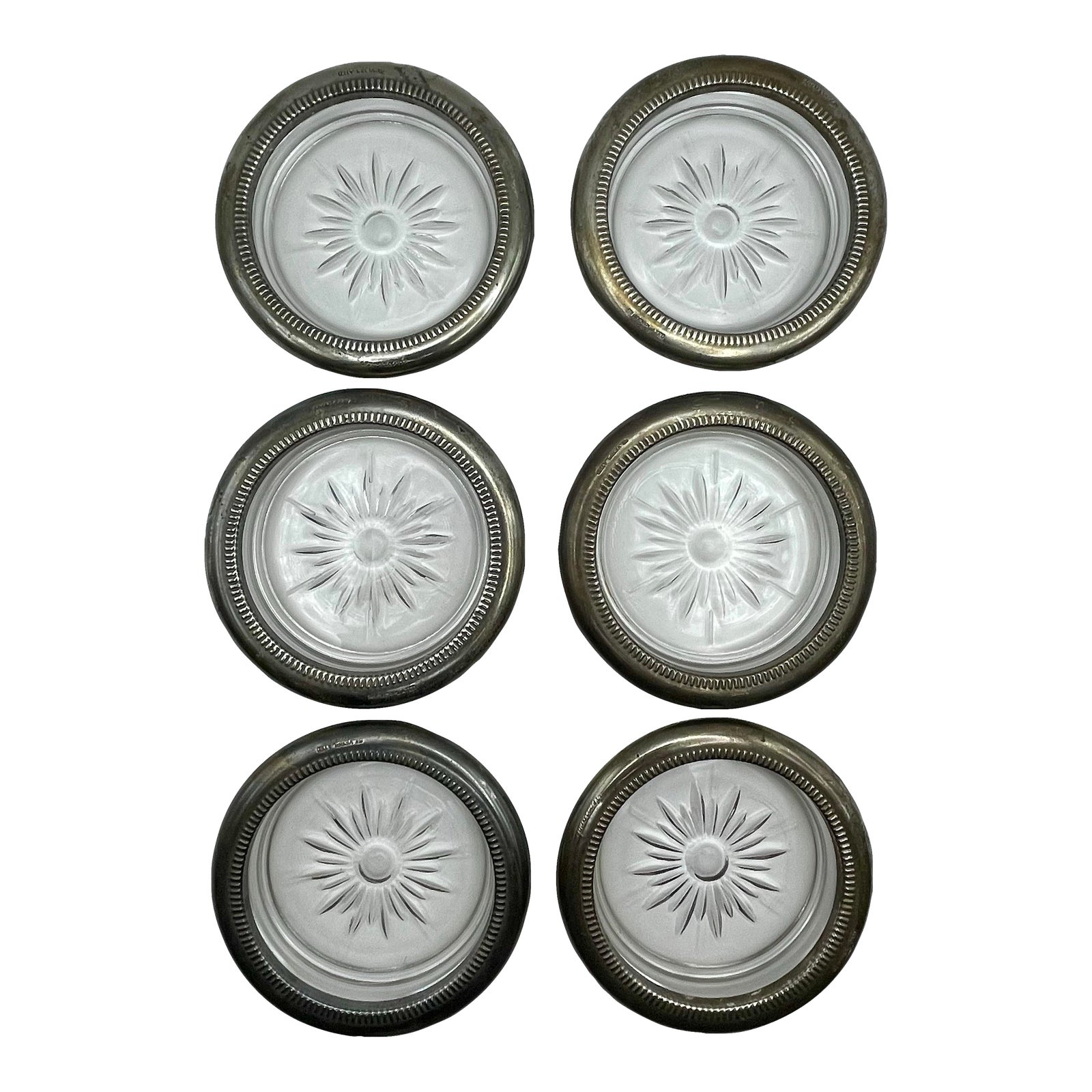 Mid 20th Century Leonard Italian Silver Plate Crystal Coasters- Set of ...