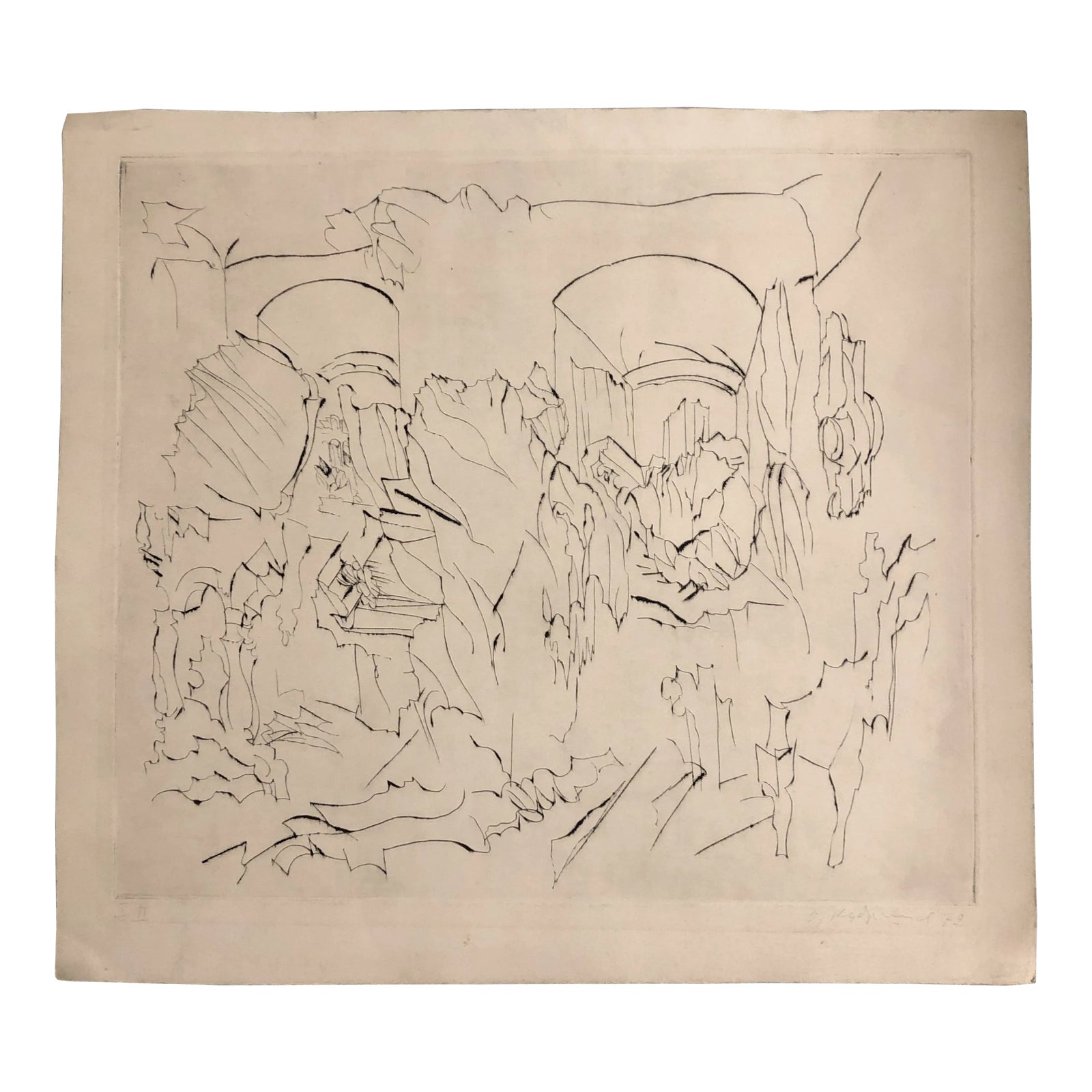 Original Vintage Abstract Mid Century Modern 1970’s Etching | Chairish