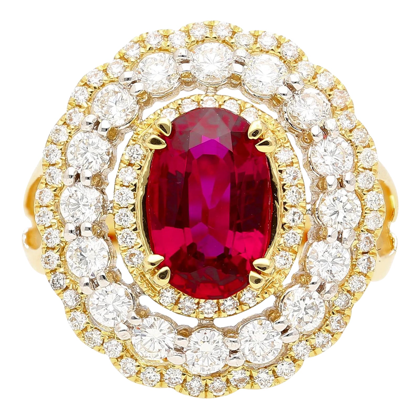 2.8 Carat Oval Thai Ruby & Diamond Halo Retro Wide Frame Ring | Chairish